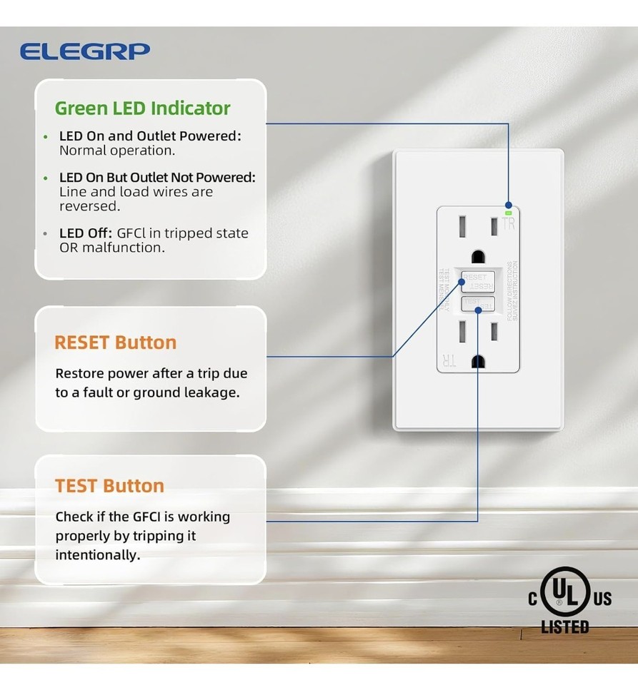 ELEGRP GFCI Outlet 15 Amp, Self-Test GFI Electrical Outlet with Thinner ...