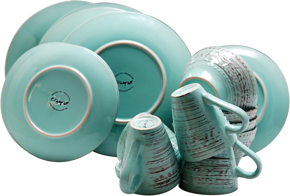 Embossed Stoneware Ocean Dinnerware Dish Set, 16 Piece, Turquoise | eBay
