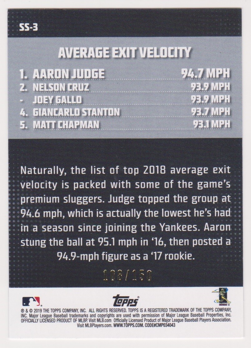 AARON JUDGE 2019 Topps Significant Statistics l 150 Years Card Serial ...