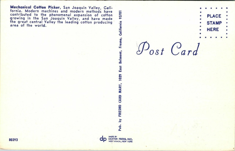 Color Postcard Of Mechanical Cotton Picker San Joaquin Valley ...