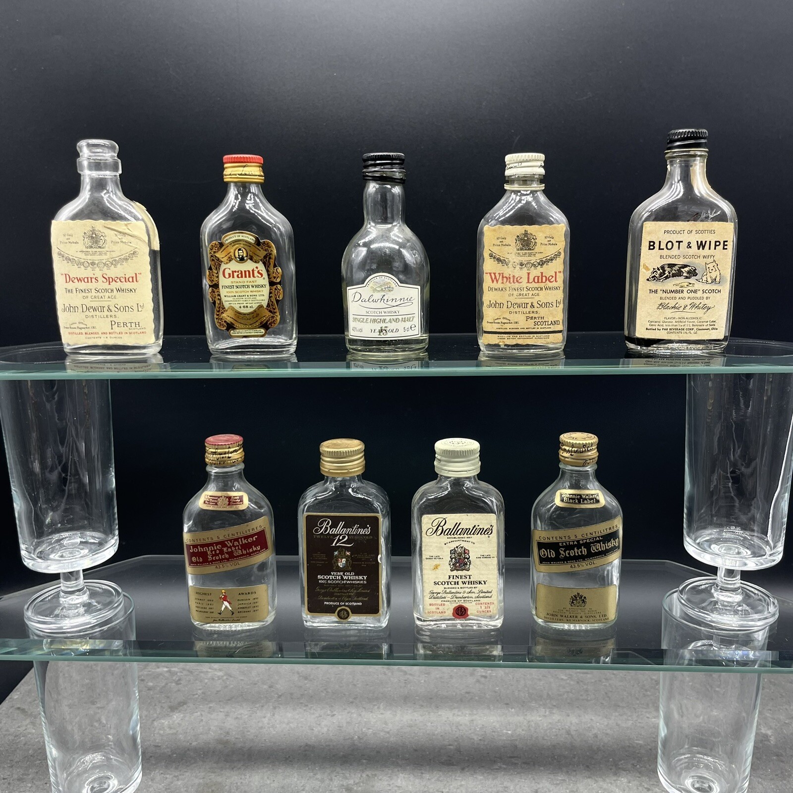 9 Vintage Scotch Whisky Miniature Clear Glass Airline Bottles 50ml Nips ...