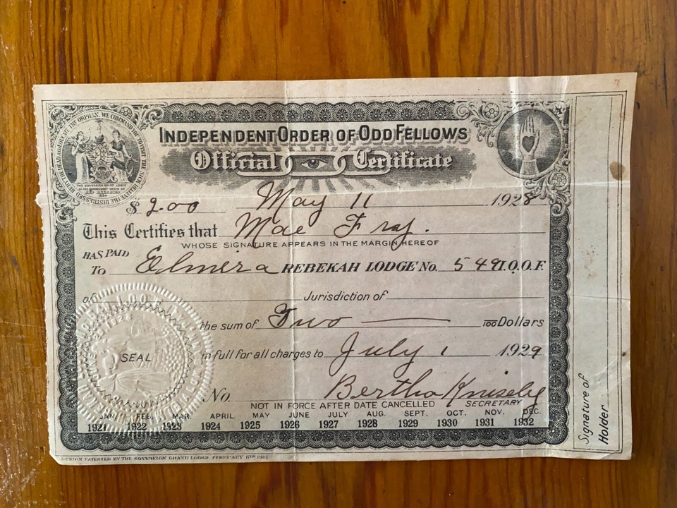 1928 Odd Fellows Elmira New York Rebekah Lodge Official Certificates ...