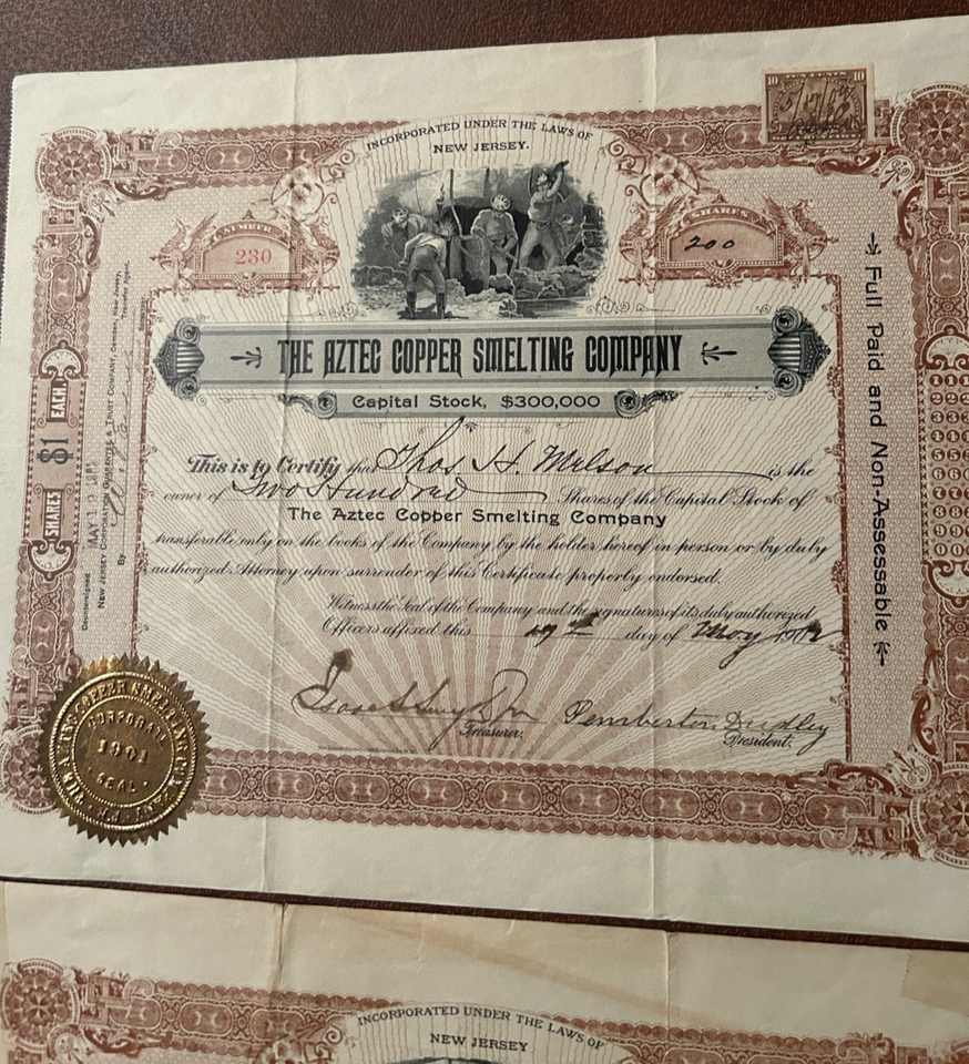 1902-06 Stock Certificates- The Aztec Copper Smelting Company x1000 ...