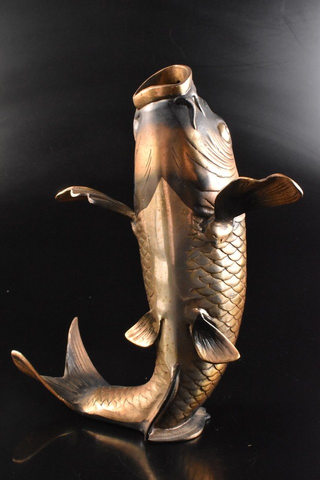 S1426: XF Japanese Copper Carp-shaped FLOWER VASE Ikebana ORNAMENTS ...
