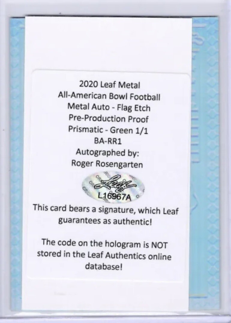 2020 LEAF METAL ALL AMERICAN ROGER ROSENGARTEN NFL ROOKIE AUTO #1/1 ...