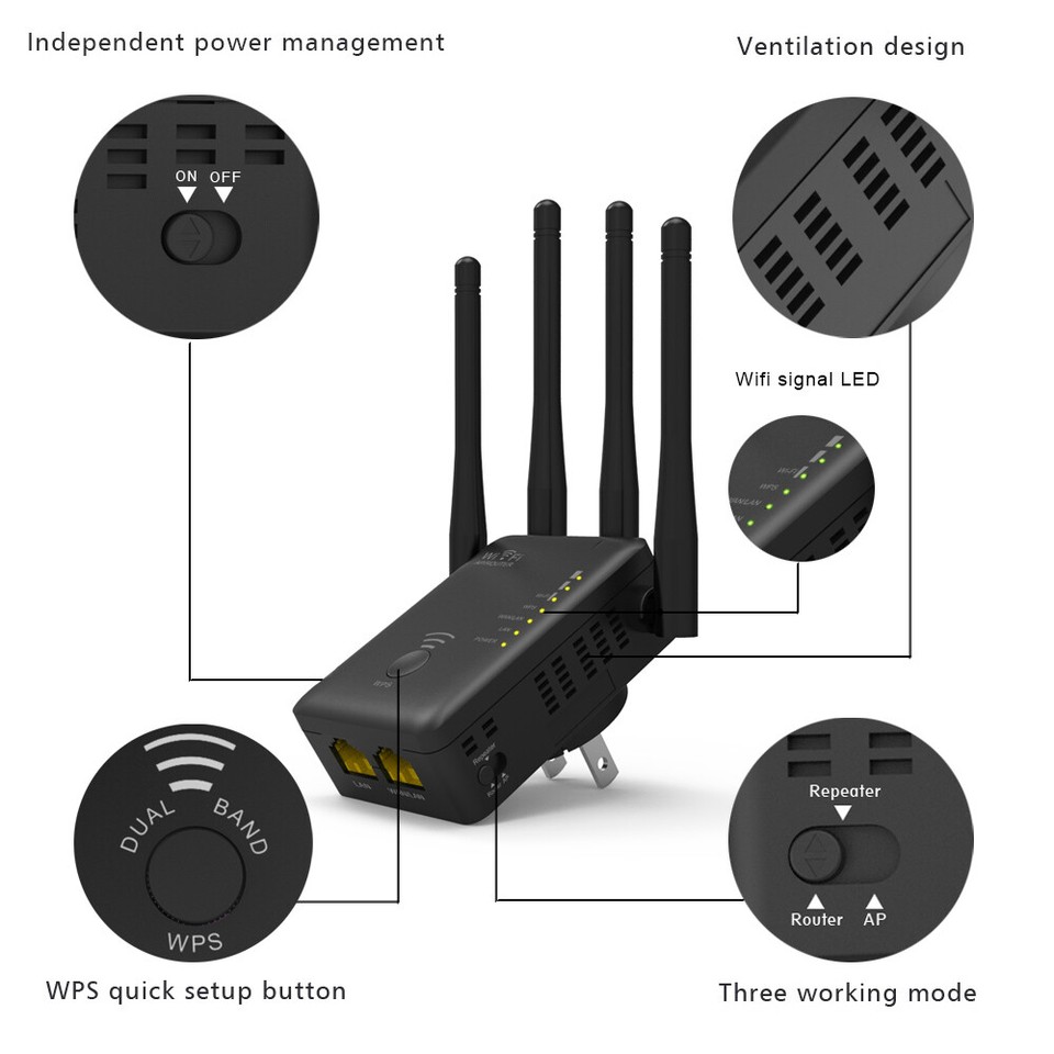 1200Mbps WiFi Range Extender Repeater Wireless Amplifier Router Signal ...