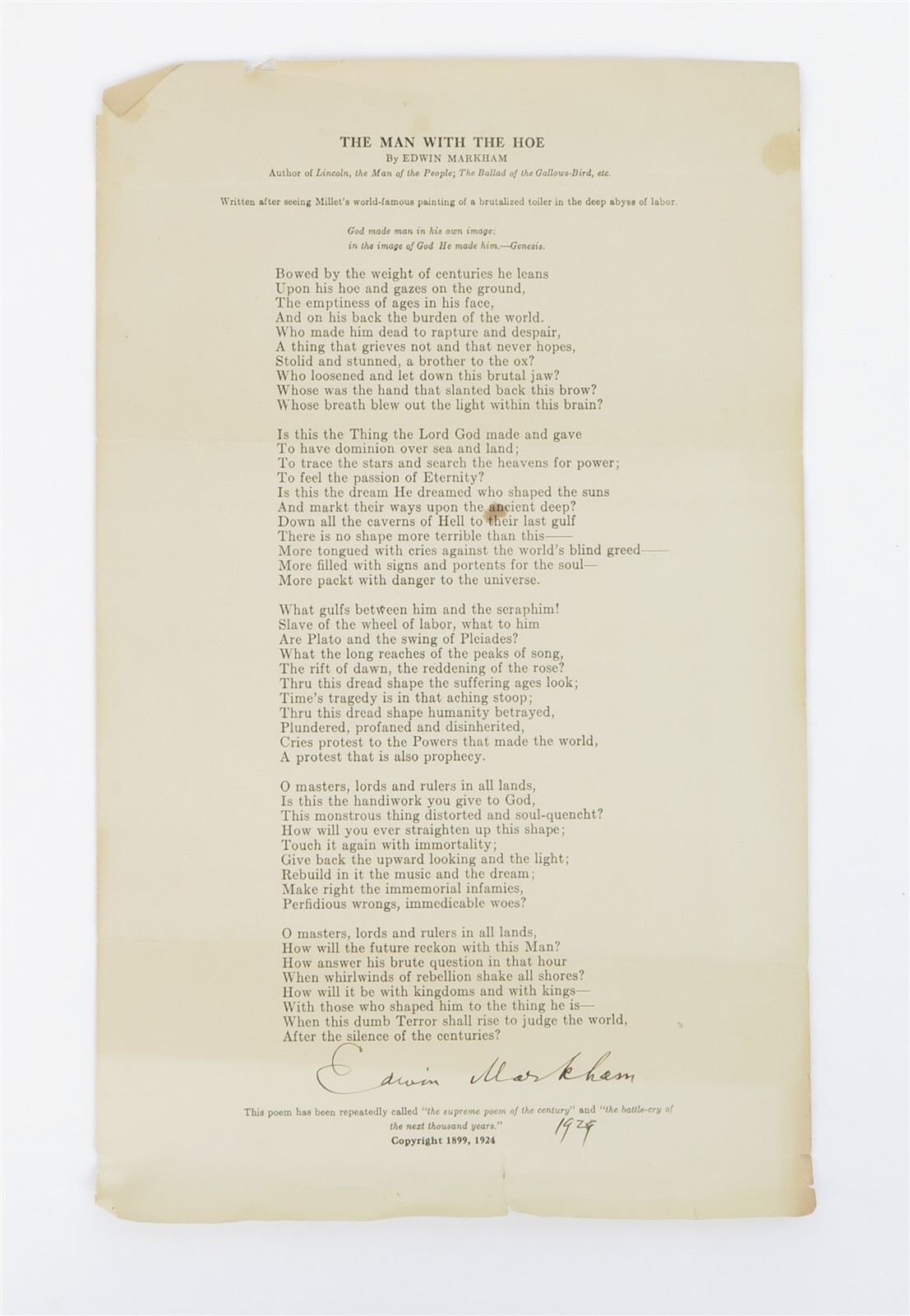 Edwin Markham Signed Poem "Lincoln, The Man of the People" Memorial ...