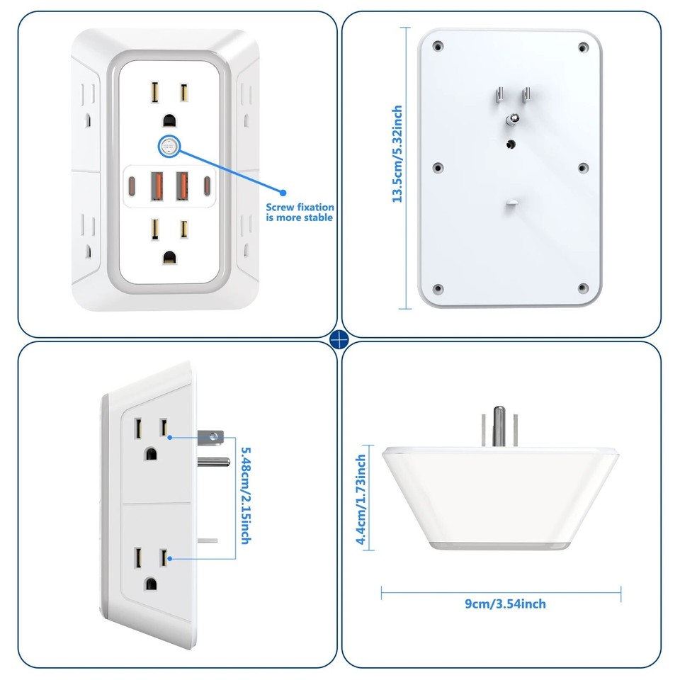 US Multi Socket Wall 6 AC Outlets 4 USB Port, 2 Type C Universal Plug ...