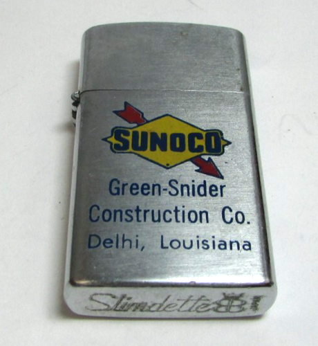 Vtg Sunoco Gas & Oil Advertising Slimdette Lighter GREEN-SNIDER DELHI ...
