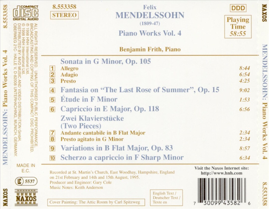 BENJAMIN FRITH MENDELSSOHN: PIANO WORKS, VOL. 4 NEW CD 730099435826 ...