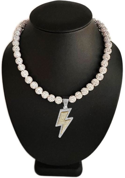 Iced Rhinestone 10mm Ball Bead Baseball Chain Necklace + Lightning Bolt ...