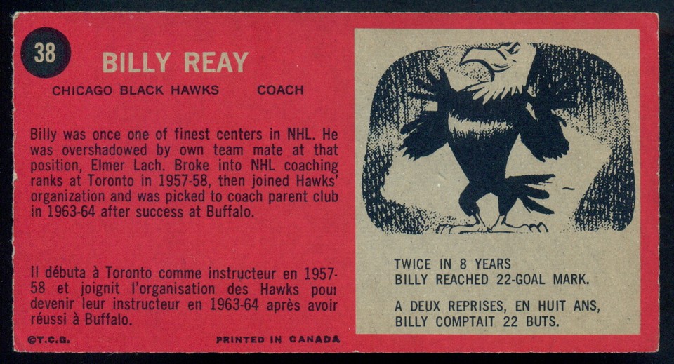 1964-65 TALL BOY TOPPS HOCKEY #38 BILLY REAY EX+ CHICAGO BLACK HAWKS ...
