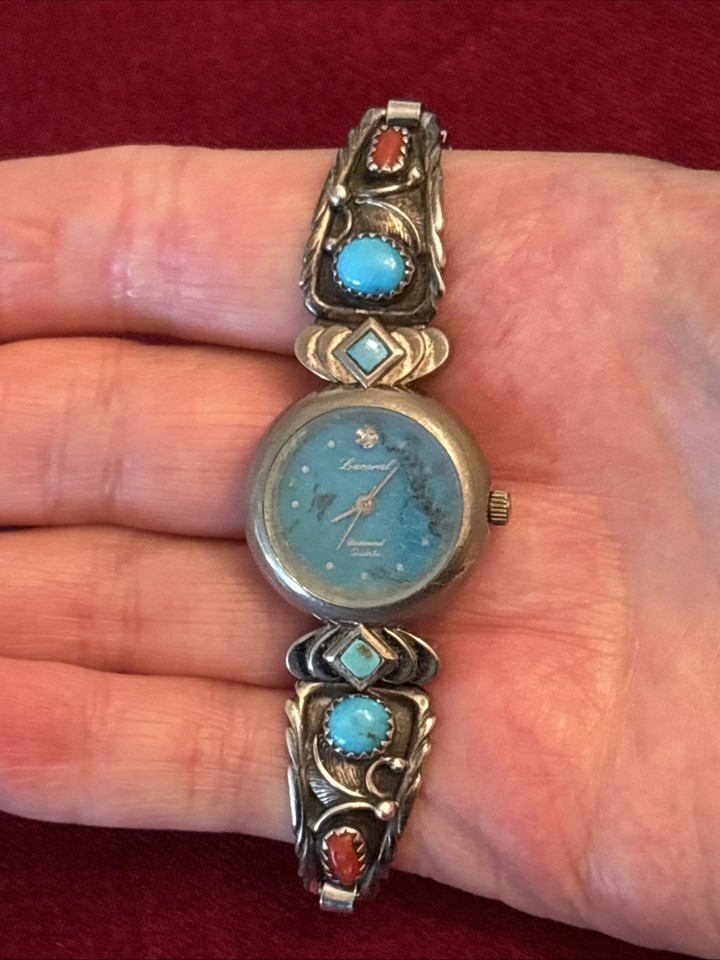Vintage Sign RB Sterling Turquoise Coral Lucoral Wrist Watch Working | eBay