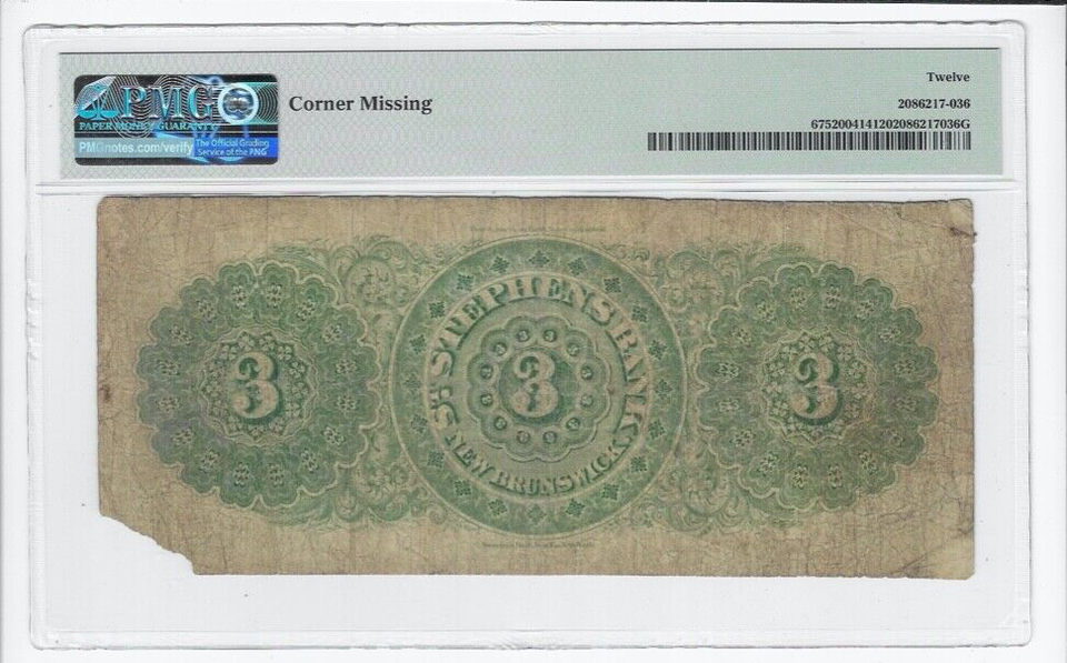 1873 St. Stephens Bank, $3 Note SN# 13286 Cat#675-20-04-14 PMG F-12 ...