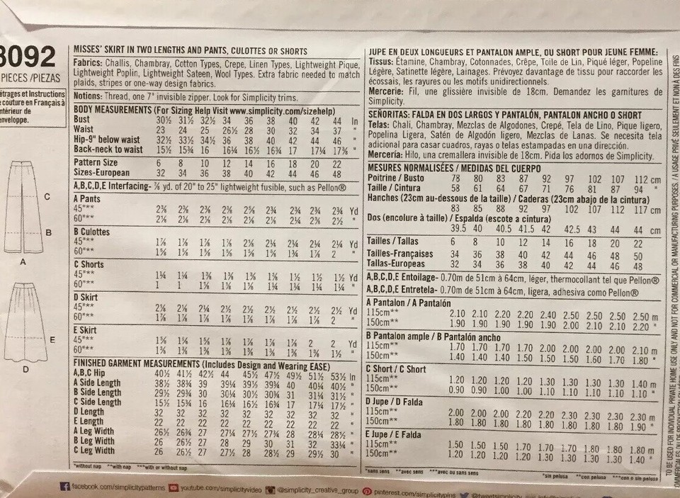 Sewing Pattern Misses Simplicity 8092 H5 6 8 10 12 14 Skirt Pants ...