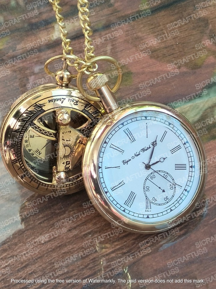 Set of Brass Elgin Pocket Watch & Push Button Sundial Compass Watch. | eBay