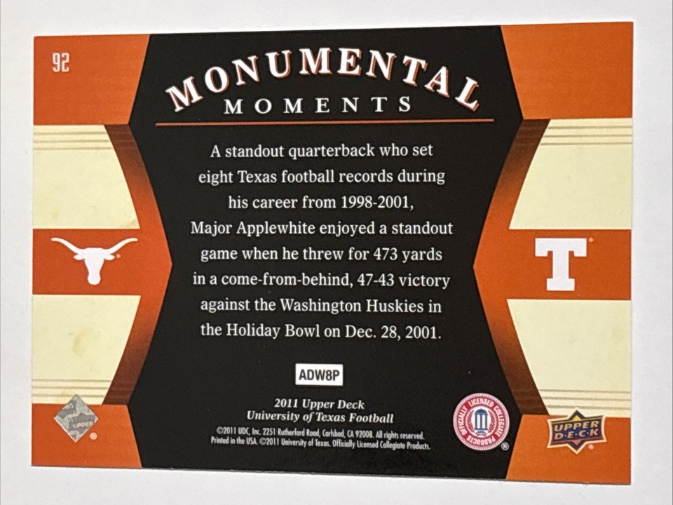 2011 Upper Deck University of Texas Major Applewhite Monumental Moments ...