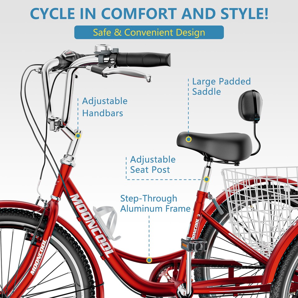 MOONCOOL Adult Tricycle Three Wheel Beach Cruiser 7 Speed 24 inch Bike ...