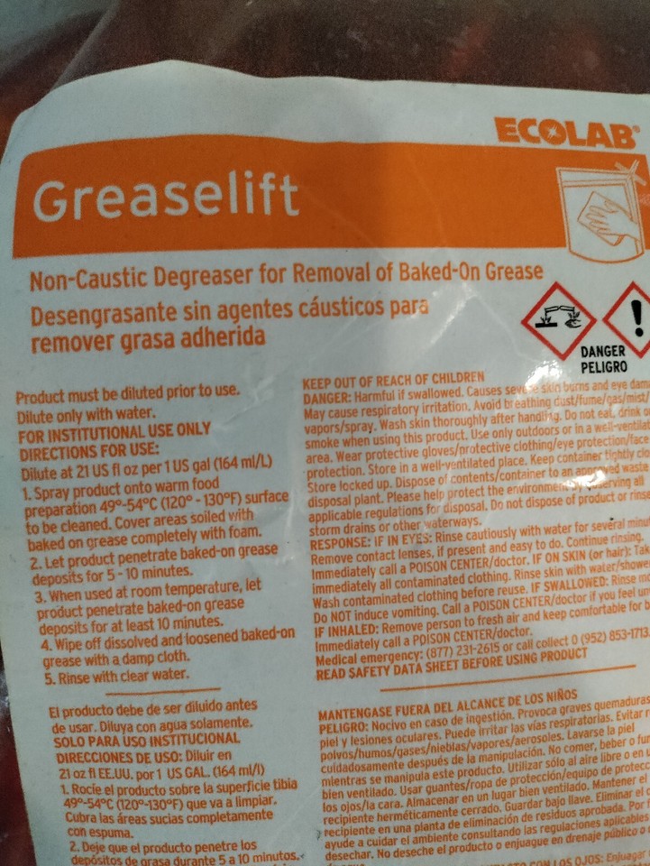 Ecolab GREASELIFT Dispensed Non-Caustic Degreaser 2 Gallon Bladder 7.6 ...