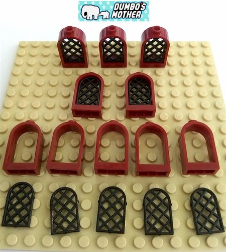 Lego Dark Red Window 1x2x2 2/3 Rounded Top with Black Lattice Diamond ...