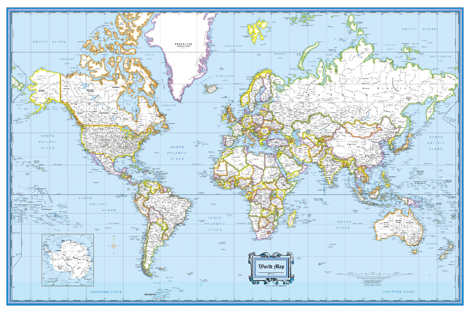 World Classic Blue Wall Map Poster - 36"x24" Rolled Laminated | eBay