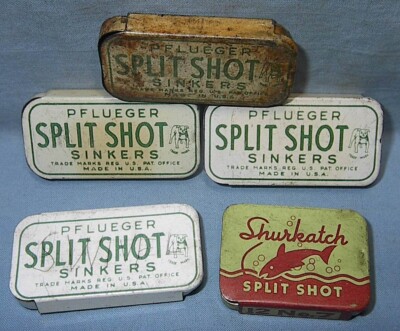 FISHING LURE VINTAGE SPLIT SHOT TINS 4 PFLUEGER 1 SHURKATCH MAINE BARN ...