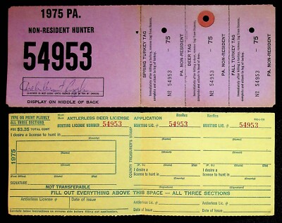 Pennsylvania 1975 Non-Resident Hunter License Turkey & Deer Tags ...