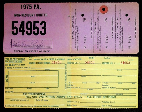 Pennsylvania 1975 Non-Resident Hunter License Turkey & Deer Tags ...
