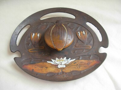ANTIQUE AUSTRIAN ? ENAMELED METAL INKWELL,WATER LILY,ART NOUVEAU PERIOD ...