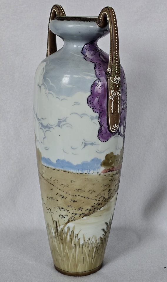 Nippon Japan Porcelain Floor Vase w Forest Scene Moriage Handles ...