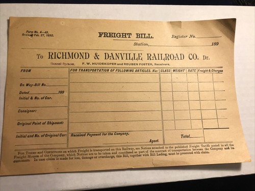 1892 RICHMOND AND DANVILLE RAILROAD FREIGHT BILL Blank Rare F55 | eBay