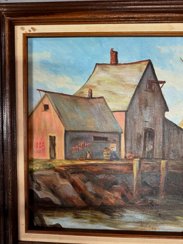 ORIGINAL VINTAGE ROCKPORT DOCK SCENE, UNSIGNED OIL ON CANVAS, MID ...