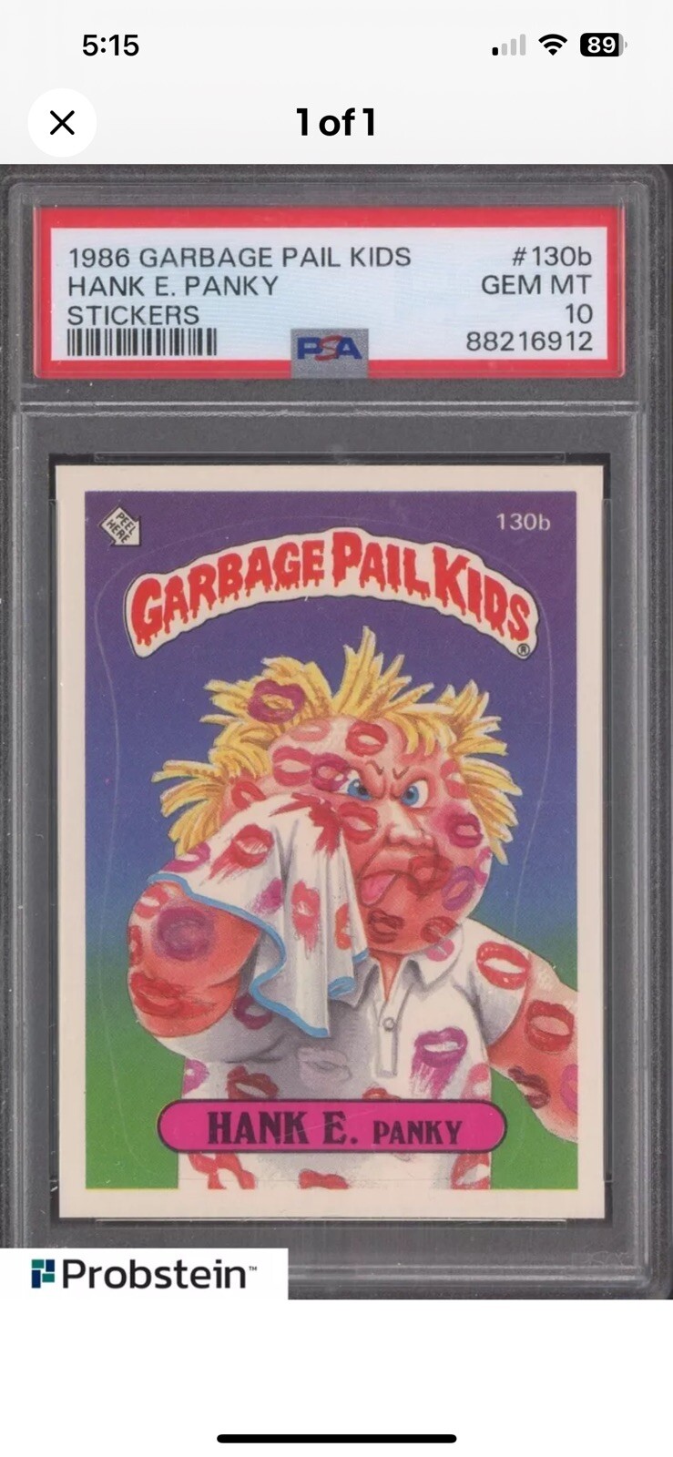 1986 Garbage Pail Kids GPK Stickers #130b Hank E. Panky PSA 10 GEM MINT ...