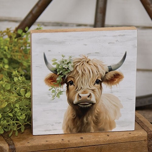 NEW FARMHOUSE COW BLOCK BABY HIGHLAND CALF 6" x 6" x 3/4" Shelf Sitter ...