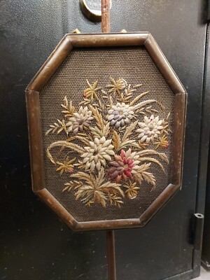Vintage Old FIREPLACE POLE FIRE SCREEN NEEDLEPOINT Floral Victorian ...