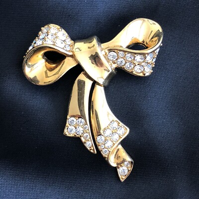 Monet Rhinestone Ribbon Bow Brooch Signed Gold Tone Pin Jewelry Vintage ...