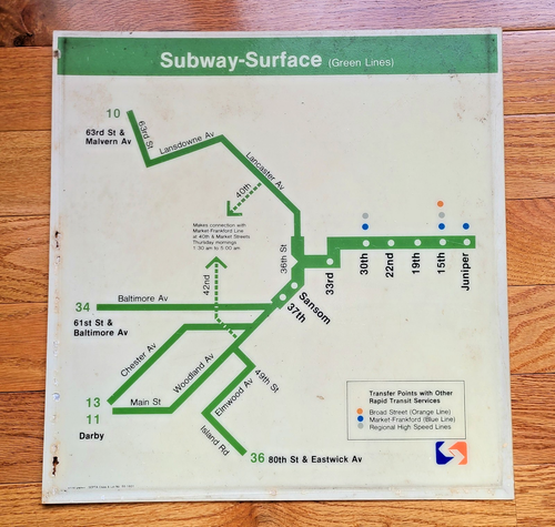 VINTAGE SEPTA PTC PHILADELPHIA SUBWAY TROLLEY SIGN GREEN LINES 1982 | eBay