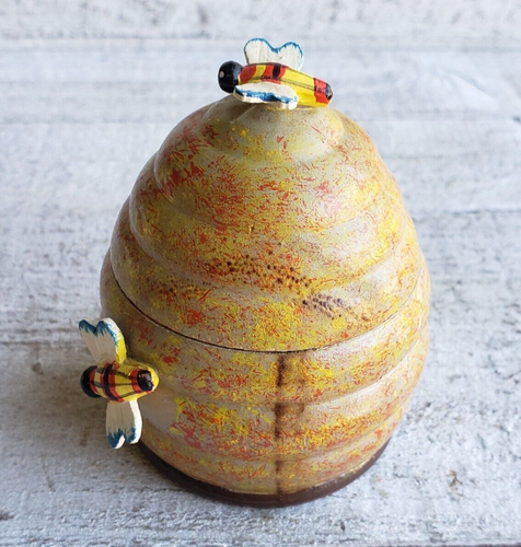 Italy bee skep trinket box wood two piece with colorful bees | eBay