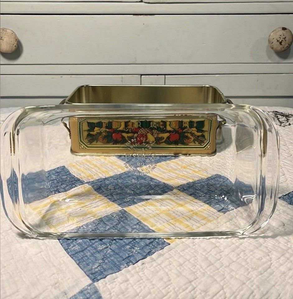 Pyrex 213 Clear Glass Loaf Pan with 1981 Teleflora Tin Metal Holder | eBay