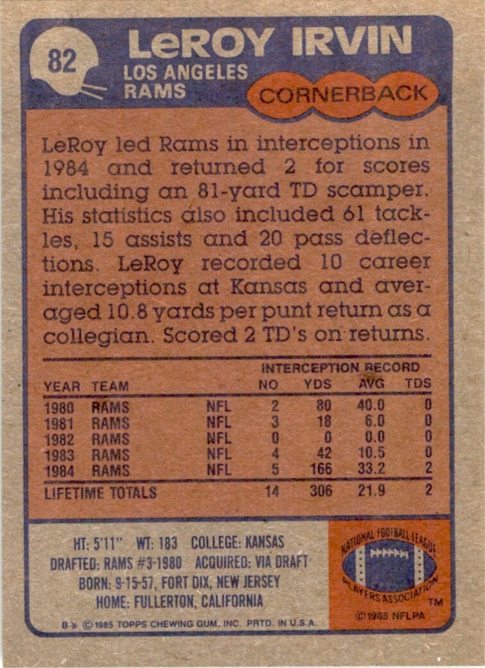 1985 TOPPS; LEROY IRVIN LOS ANGELES RAMS #82 | eBay