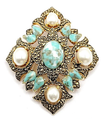 Sarah Coventry Large Faux Turquoise & Pearl Cabochon Gilt Gold Tone ...