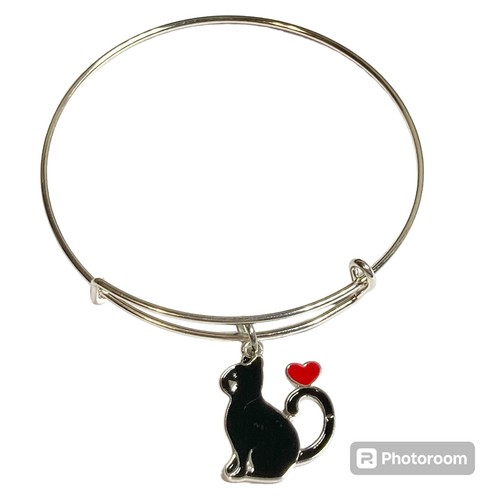 Black Cat Charm Bracelet Adjustable Bangle Enamel Red Heart Halloween ...