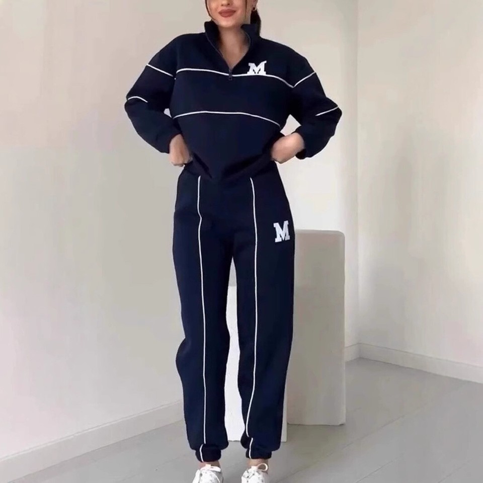 Women's Letter Print Long Sleeve Sports Tracksuit Set - Casual Sweater ...