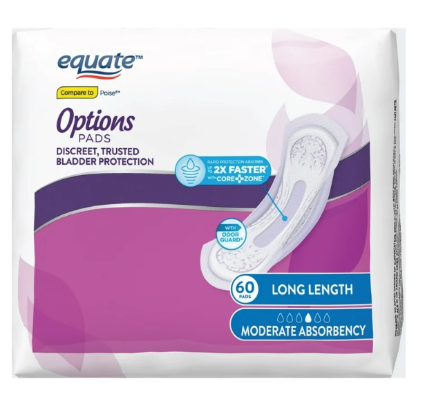 Equate Options Incontinence Pads for Women, Long Length, 60 Ct | eBay