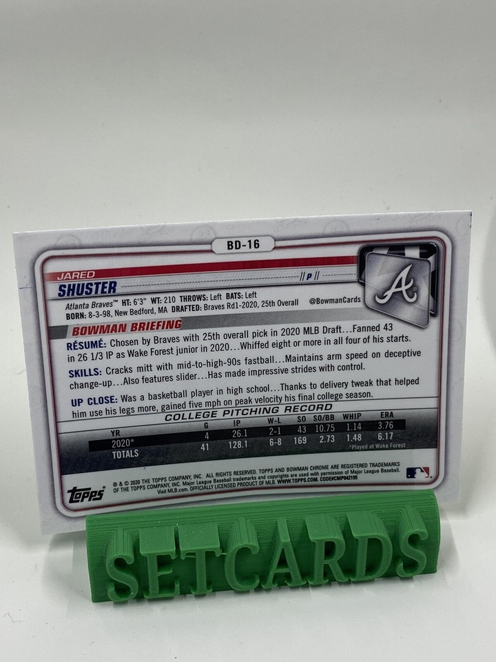 2020 Bowman Draft Chrome Jared Shuster #BD-16 1st Braves Baseball Card ...