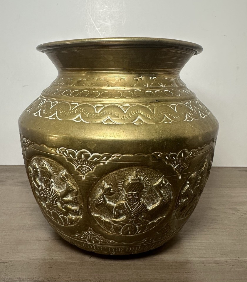 Vintage Brass Water Drinking Pot Hindu Indian Old Hand Crafted Engraved ...