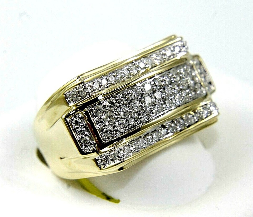 Natural Round Diamond Cluster Square Wide Men's Ring 14k Yellow Gold 1 ...