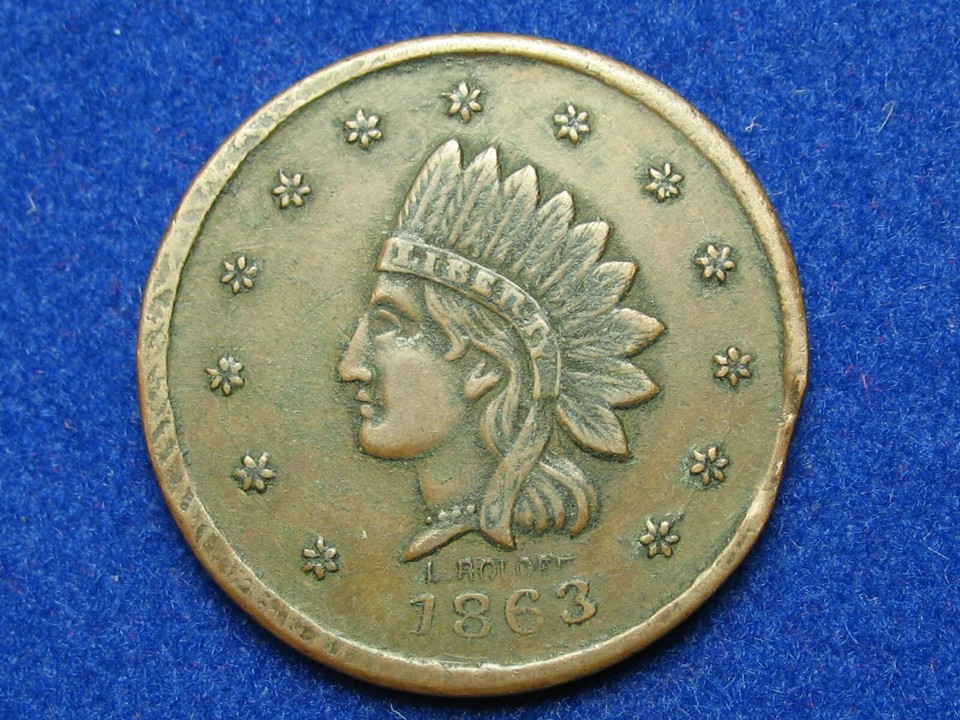 OLD COPPER COIN! OLD RARE EXTRA FINE CIVIL WAR TOKEN "1863 INDIAN HEAD ...