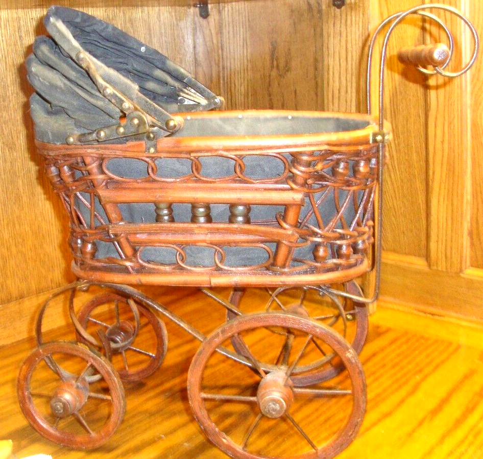 Vtg Antique Victorian Doll +Wrought Iron/Wicker Carriage Buggy Stroller ...