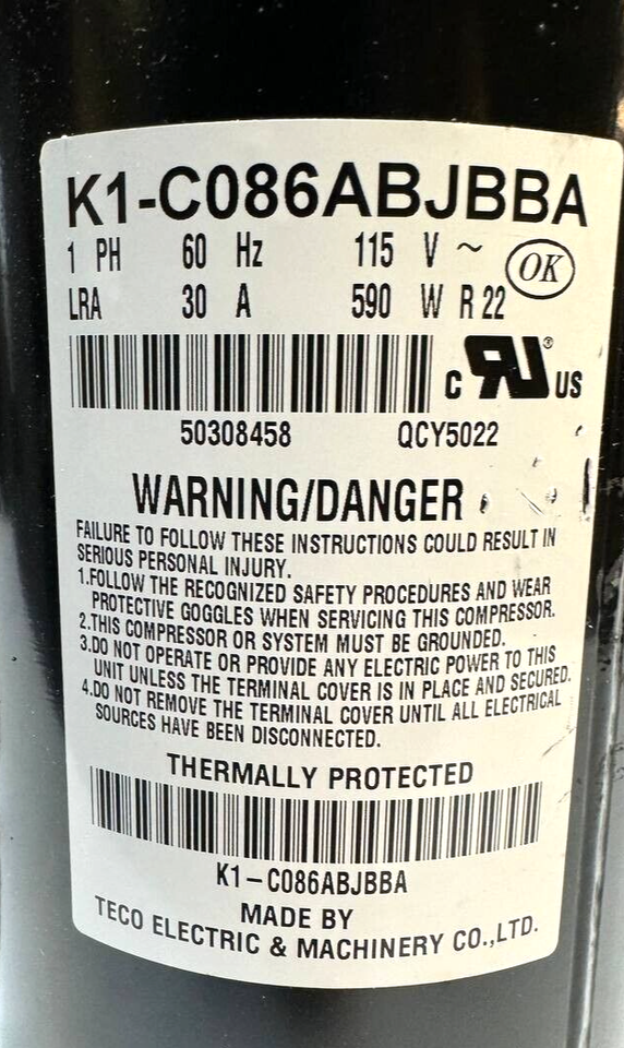 Teco Electric K1-C086ABJBBA Air Conditioner AC Compressor 1PH LRA 30A ...